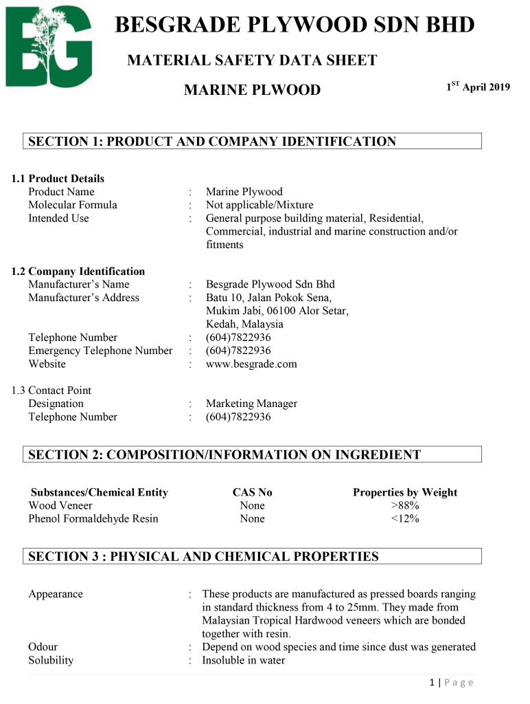 MSDS – Besgrade Plywood Sdn. Bhd.